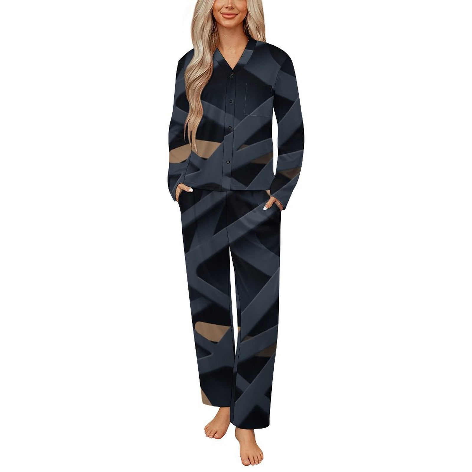 Abstract Navy Beige Design Womens Pyjamas Set Button Up Pyjamas Womens ...