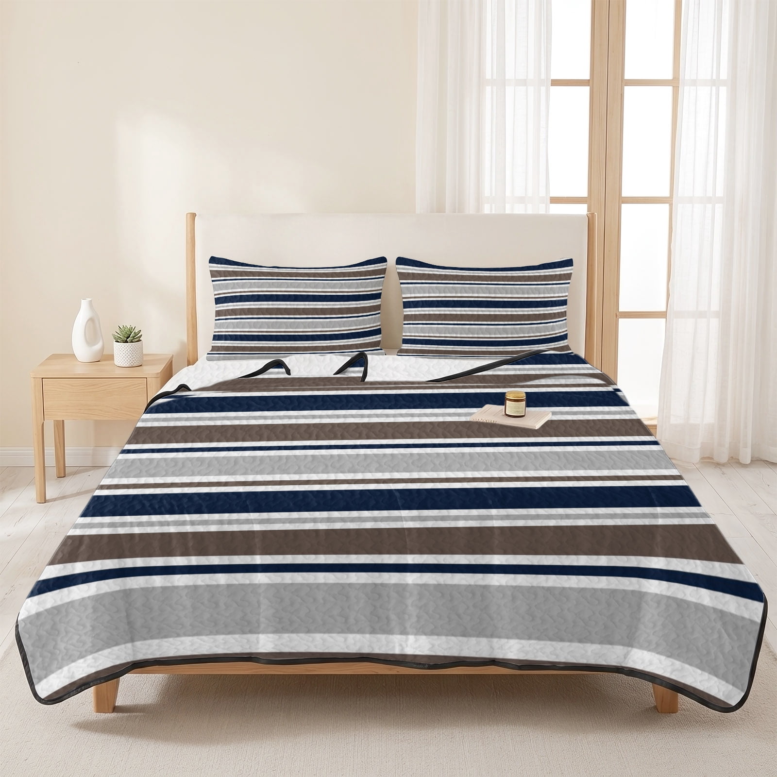 Abstract Navy Blue Brown Stripes Line 3 Pieces Quilt Set,1 Quilt with 2 ...