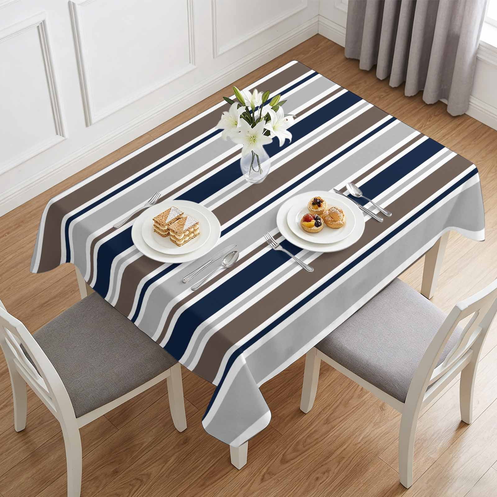 Abstract Navy Blue Brown Stripes Line Table Cloth 60x84in, Waterproof ...