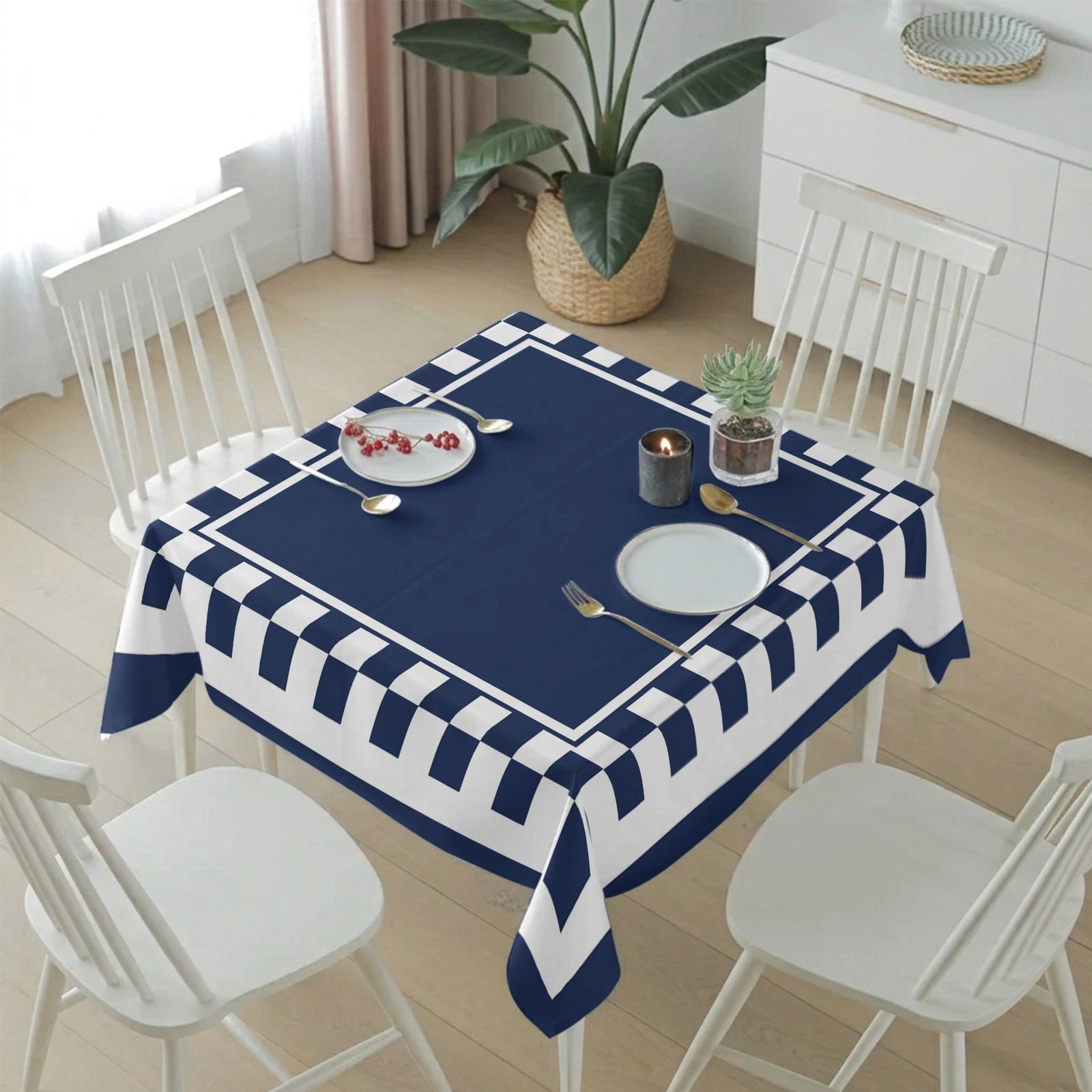 Abstract Navy Blue Check Table Cloth 60x60in, Waterproof Square ...