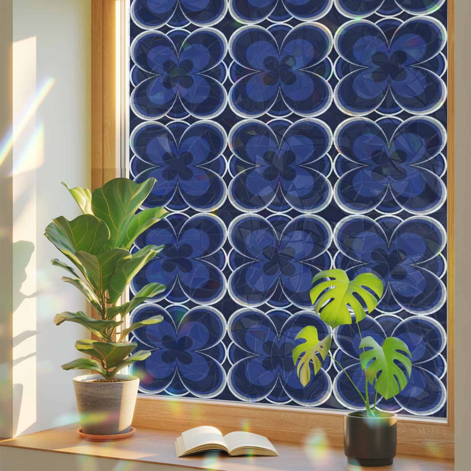 Abstract Navy Blue Four Leaf Clovers Window Privacy Film, Rainbow Film ...