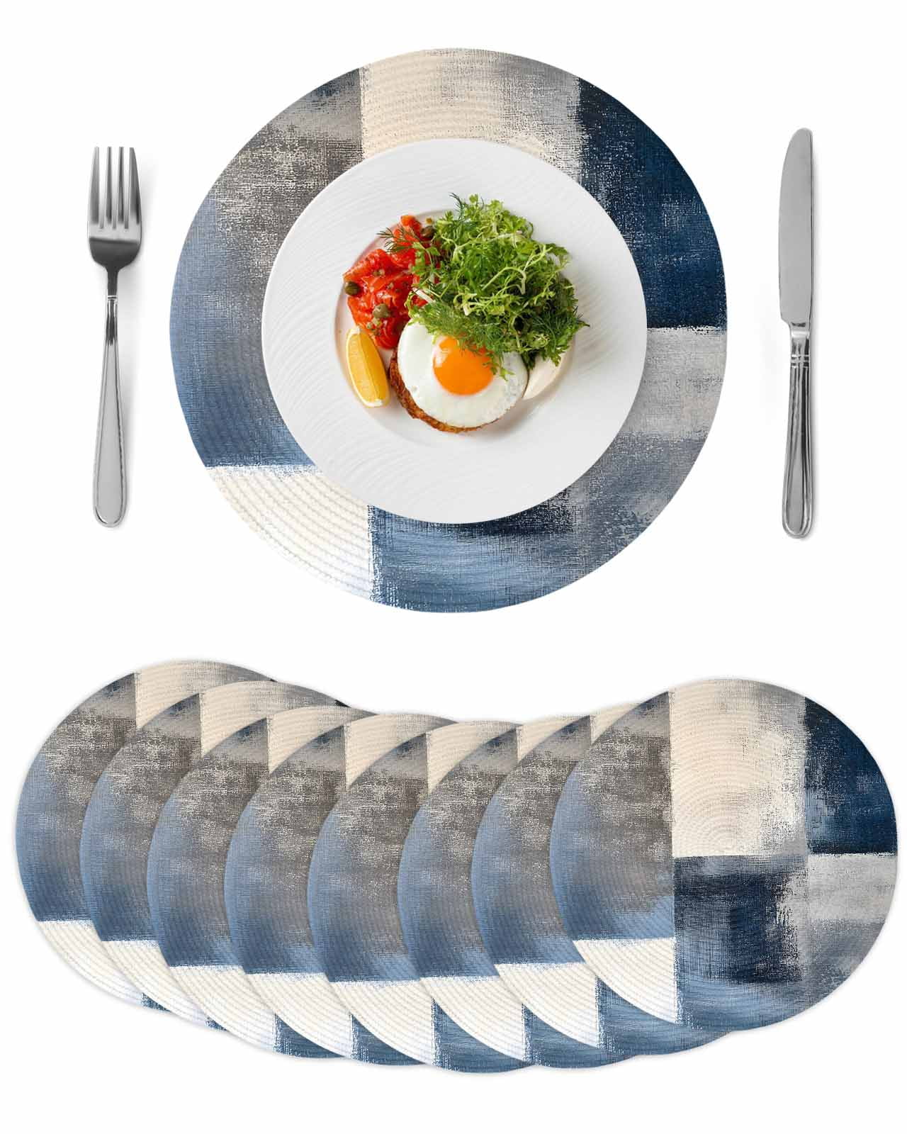Abstract Navy Blue Gray Checkered Round Table Placemats set of 8 ...