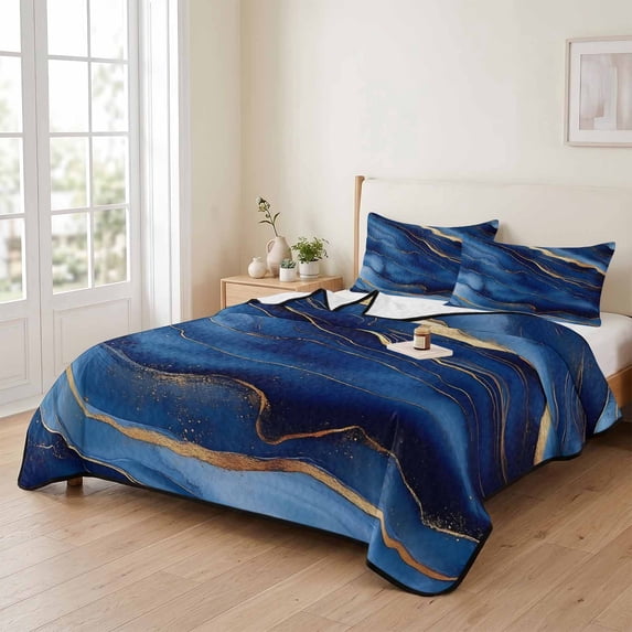 Abstract Navy Blue Marble Texture 3 Pieces Quilt Set,1 Quilt with 2 ...