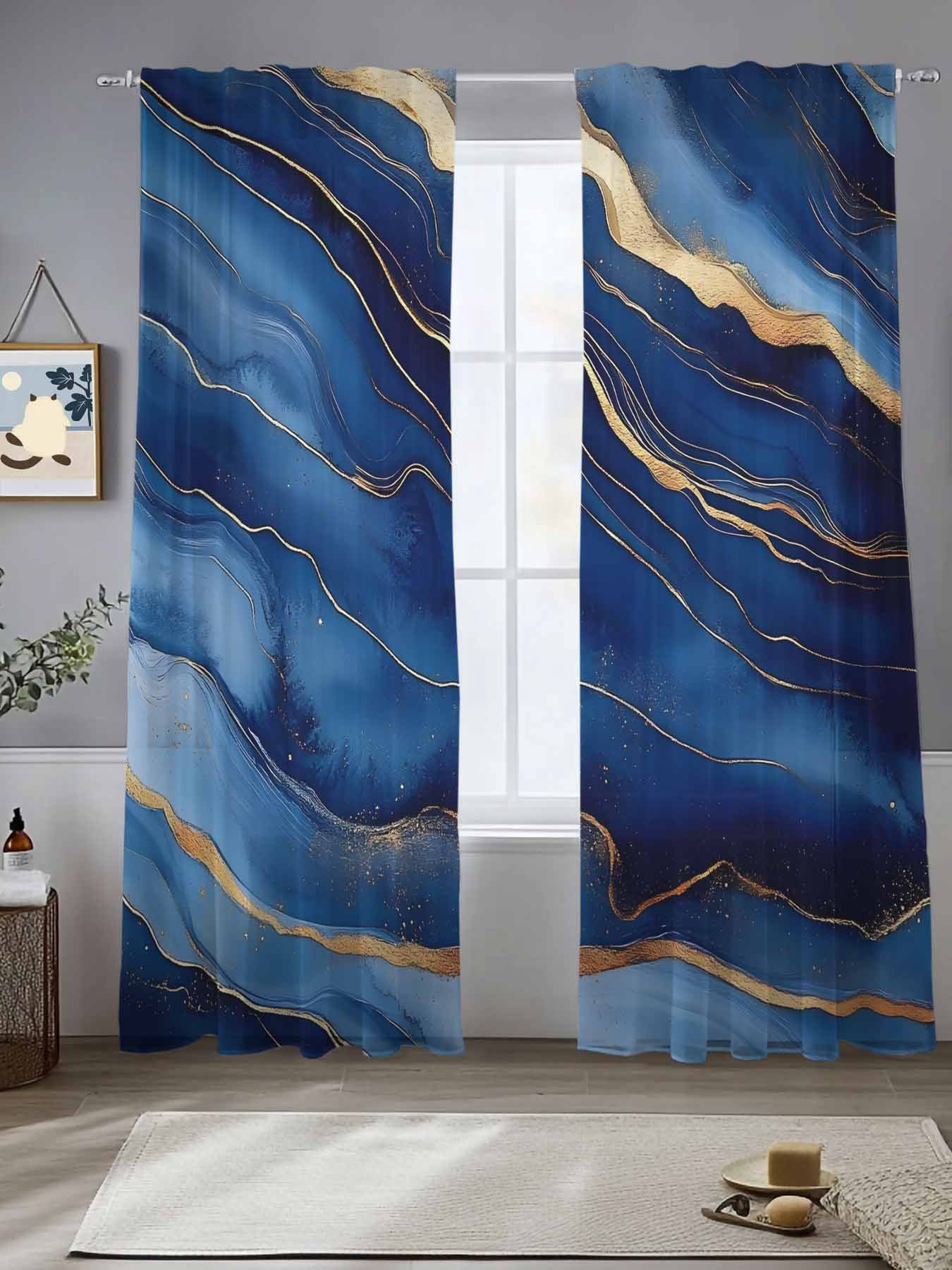 Abstract Navy Blue Marble Texture Chiffon Sheer Curtains 84 Inches Long ...
