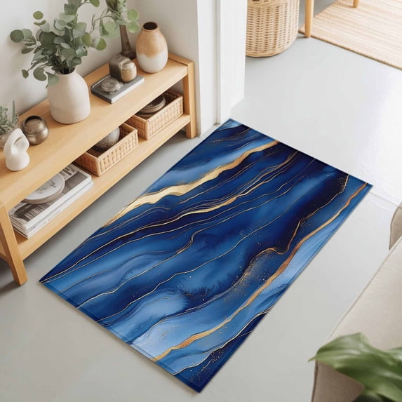 Abstract Navy Blue Marble Texture Rectangle Rug 2'x3' Stone with Gold ...