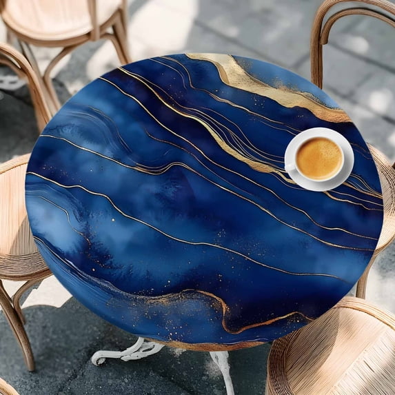 Abstract Navy Blue Marble Texture Round Fitted Tablecloth with Elastic ...