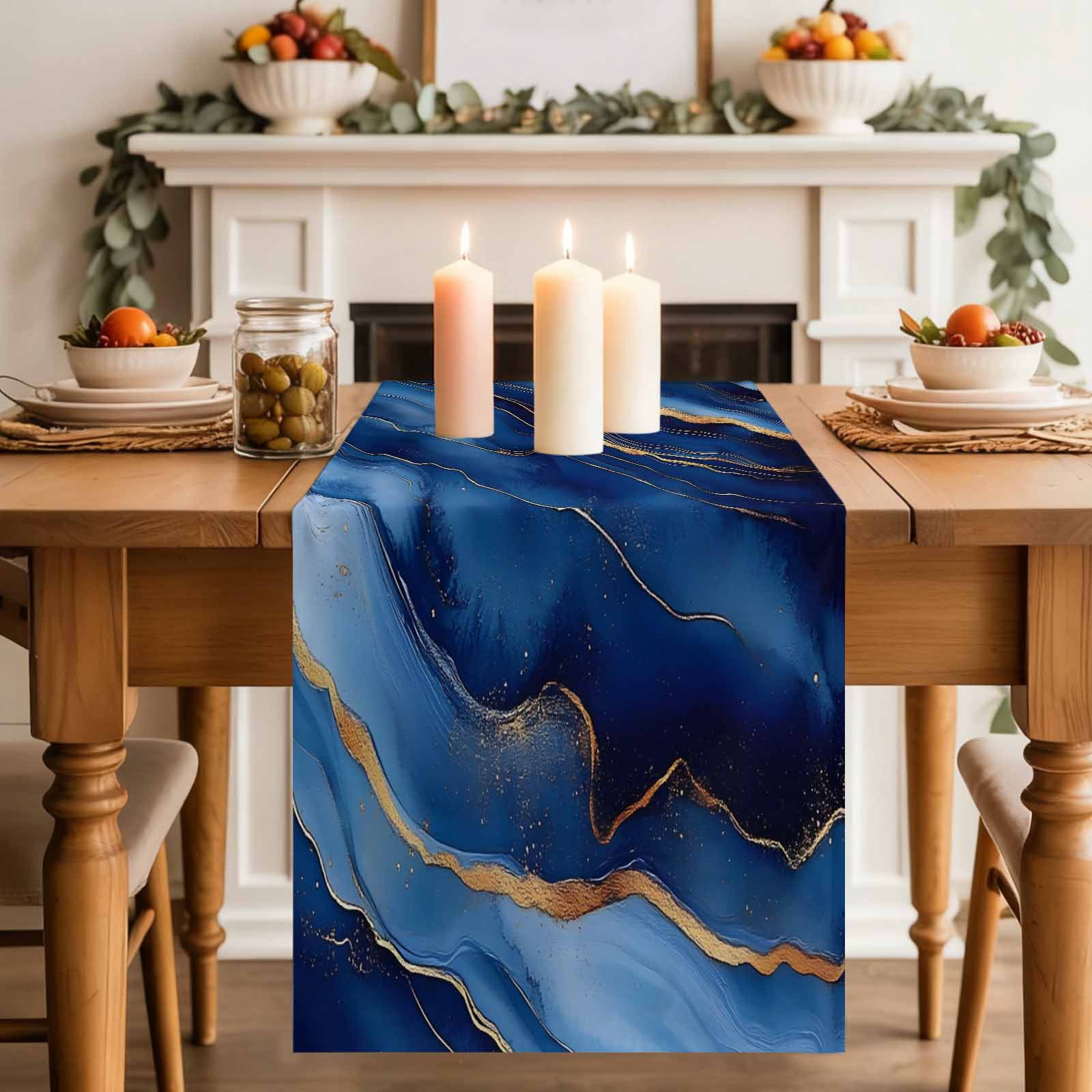 Abstract Navy Blue Marble Texture Table Runner 90 Inches Long,Kitchen ...