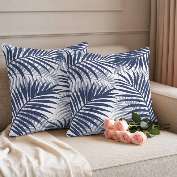 Abstract Navy Blue Palms Leaves Waterproof Throw Pillow Covers Set of 2 ...