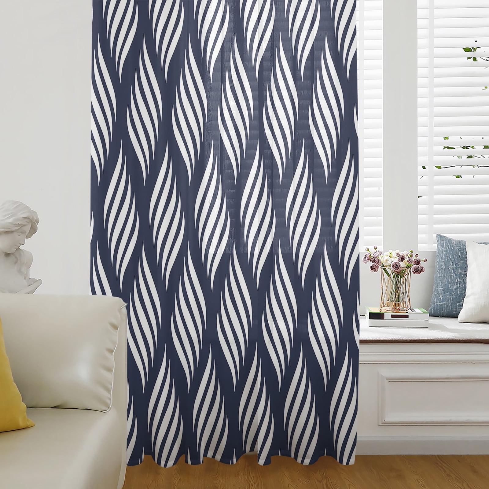 Abstract Navy Blue,Semi Sheer Curtains Drapes for Living Room,Bedroom ...