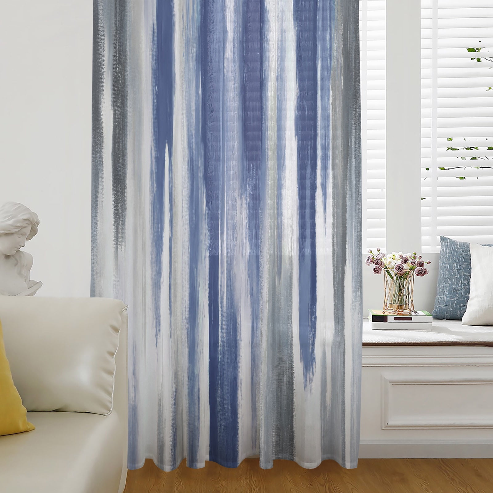 Abstract Navy Blue Sheer Curtains 54 Inch Length, Light Filtering Voile ...