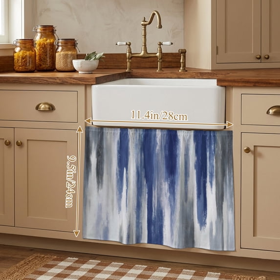 Abstract Navy Blue Small Cabinet Curtains 10"W x 11"L, Vintage Grey ...