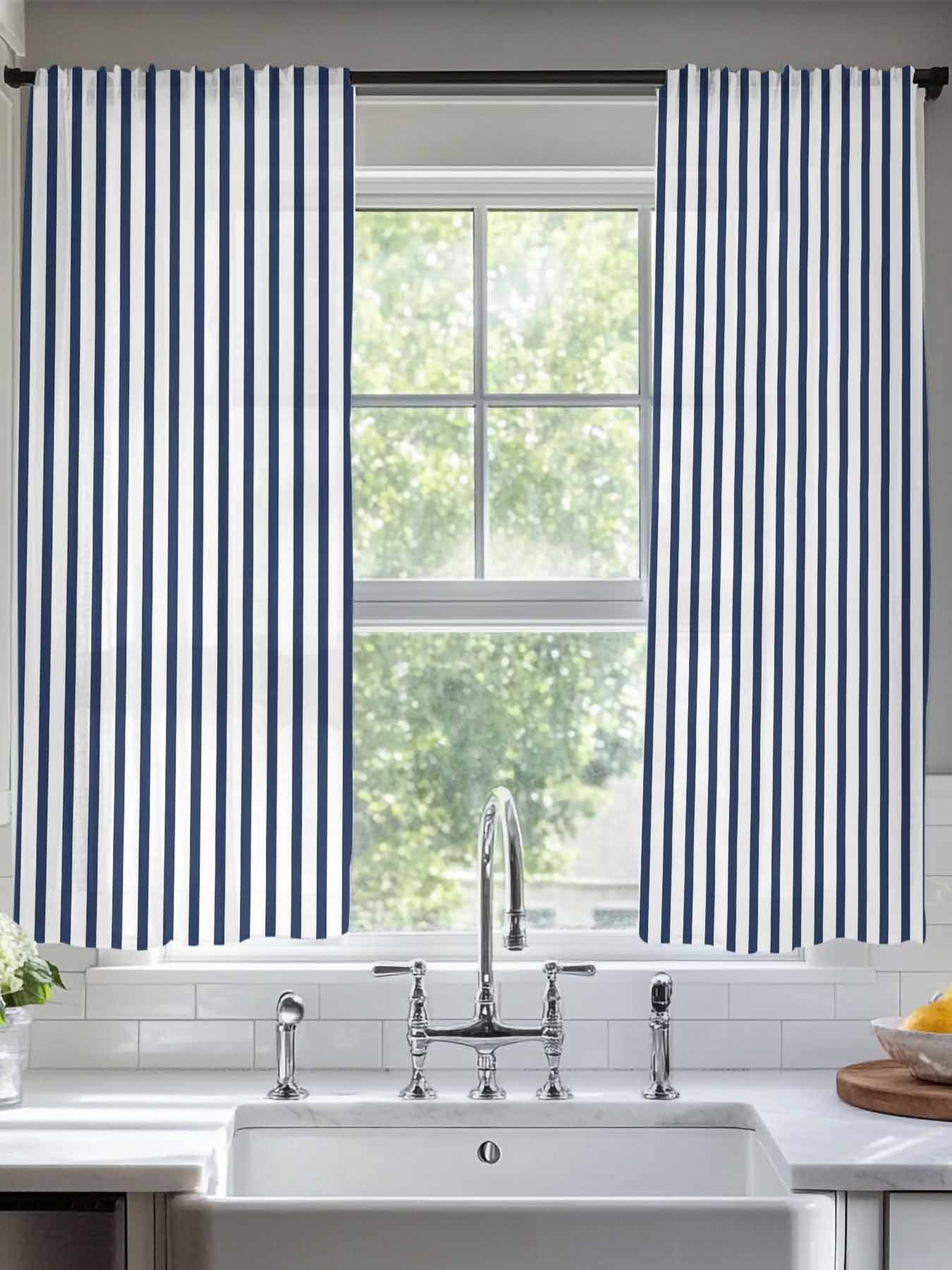 Abstract Navy Blue Stripe Chiffon Sheer Curtains 72 Inches Long Modern ...