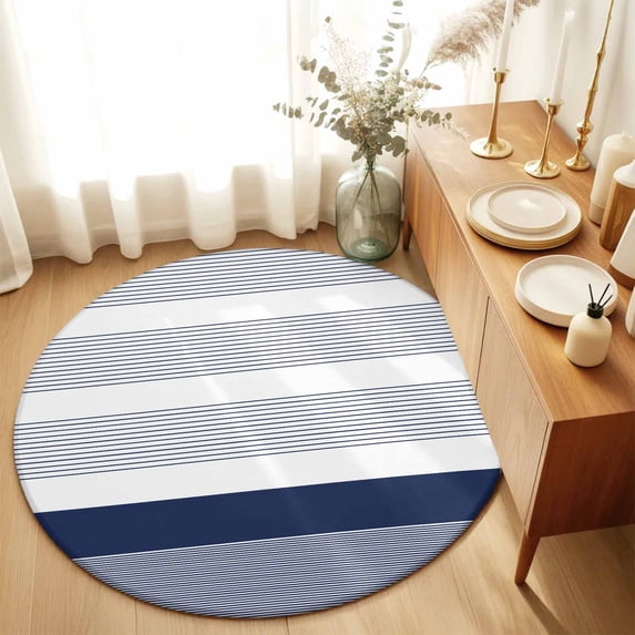 Abstract Navy Blue Stripe Line Round Rug 3ft Classic Minimalist Lines ...