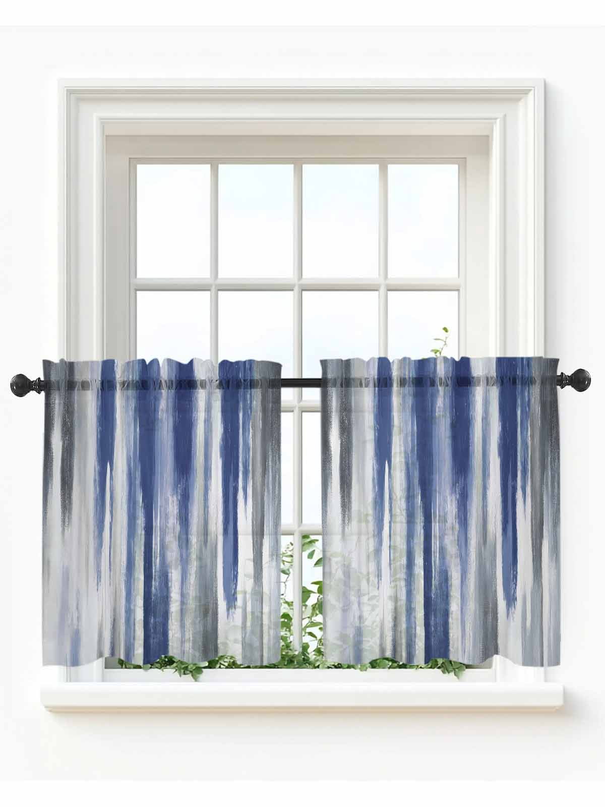 Abstract Navy Blue Tier Curtains 36 Inch Length,Sheer Curtains for ...