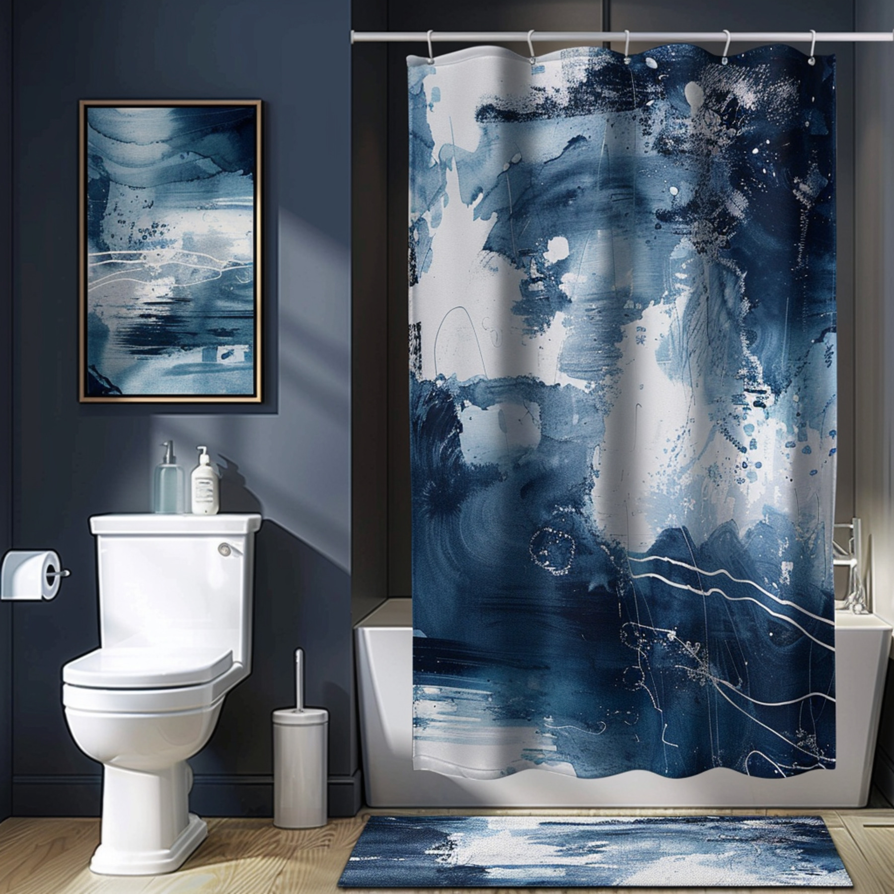 Abstract Navy Blue Watercolor Shower Curtain Set Modern Minimalist abstract-navy-blue-watercolor-shower-curtain-set-modern-minimalist