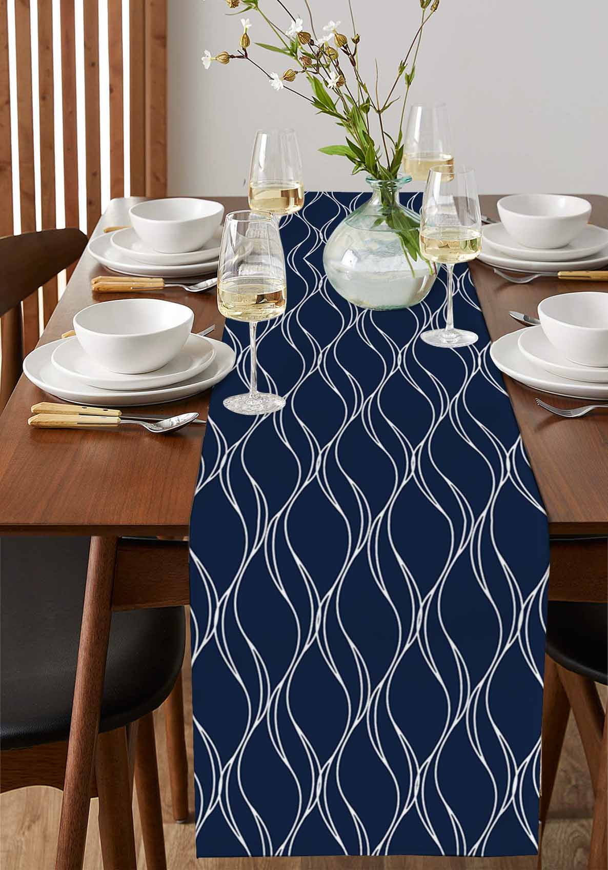 Abstract Navy Blue Waves Line Table Runner 13x70in Non-Slip Cotton ...