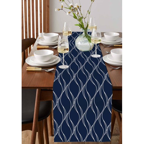 Abstract Navy Blue Waves Line Table Runner 13x70in Non-Slip Cotton ...