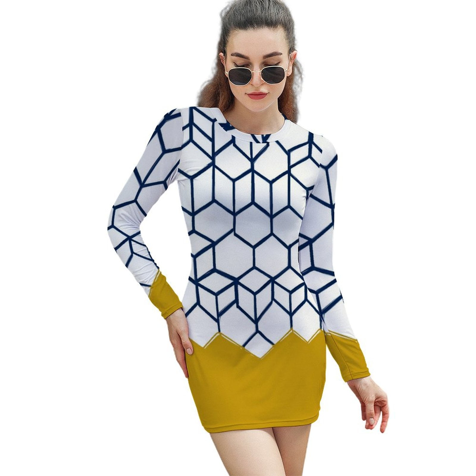 Abstract Navy Gold Cube Design Women's Long Sleeve Bodycon Dress Soft ...