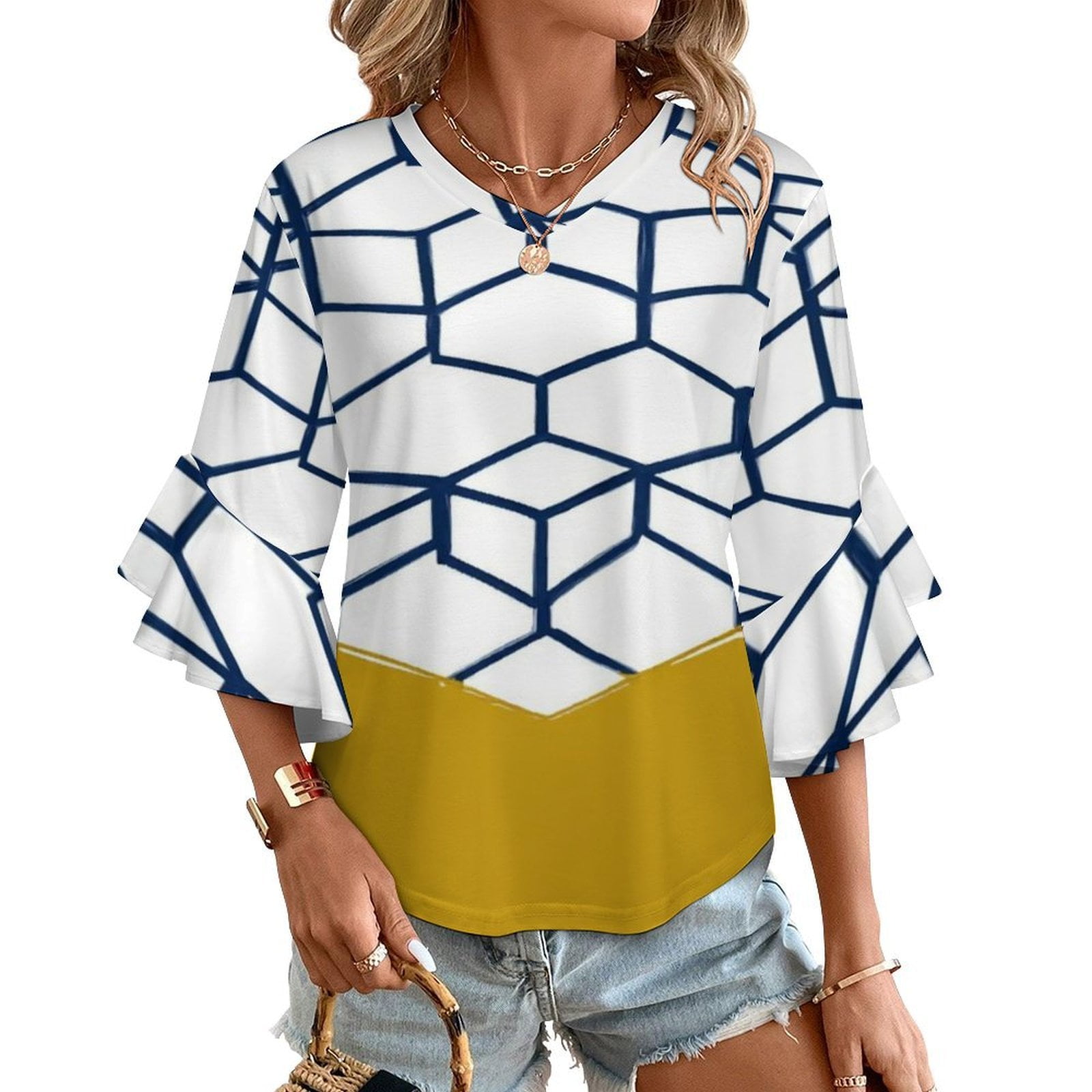 Abstract Navy Gold Cube Design Women's V-Neck Blouse With 3/4 Ruffled ...