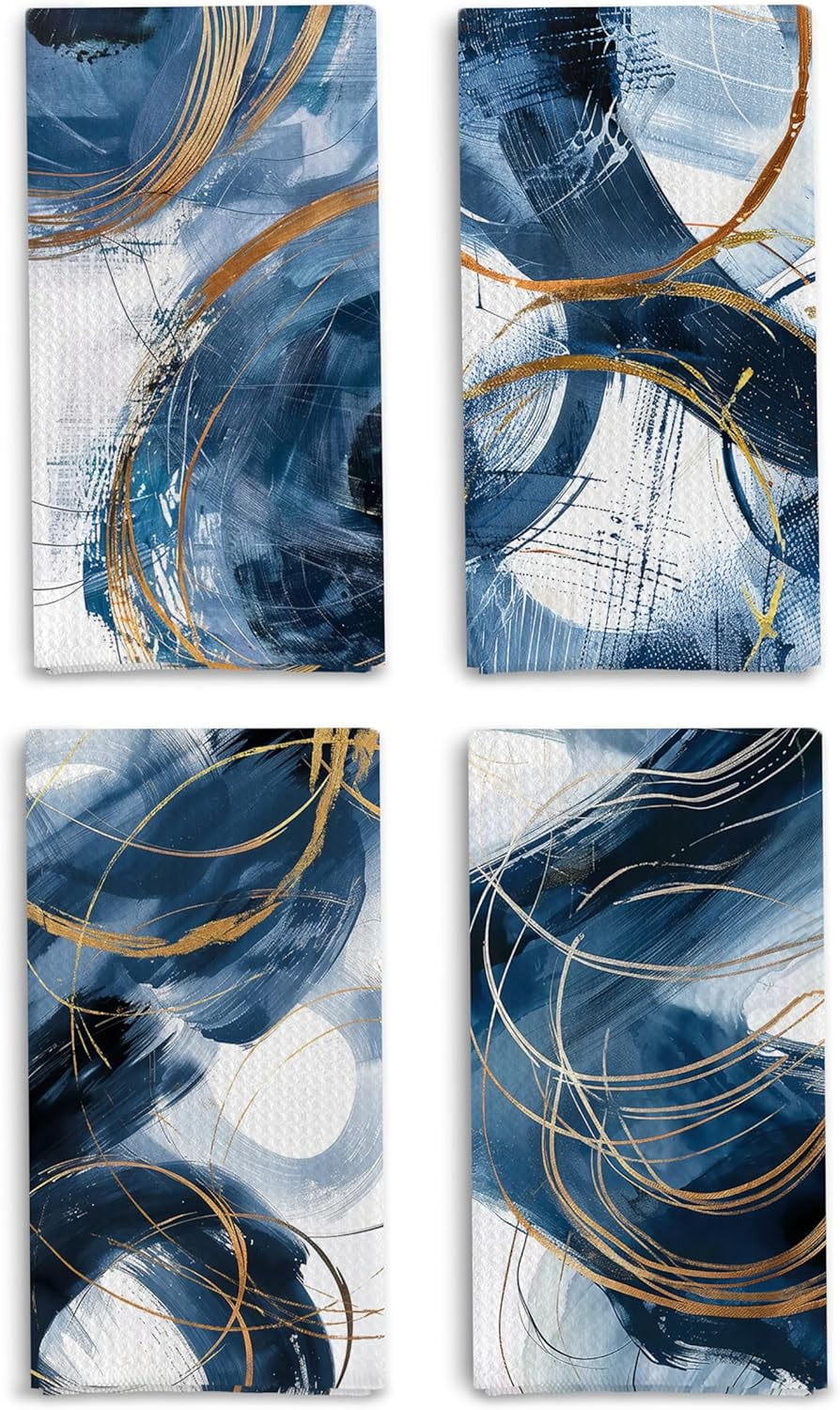 Abstract Navy and Gold Kitchen Dish Towels Set of 4, Modern Luxury ...