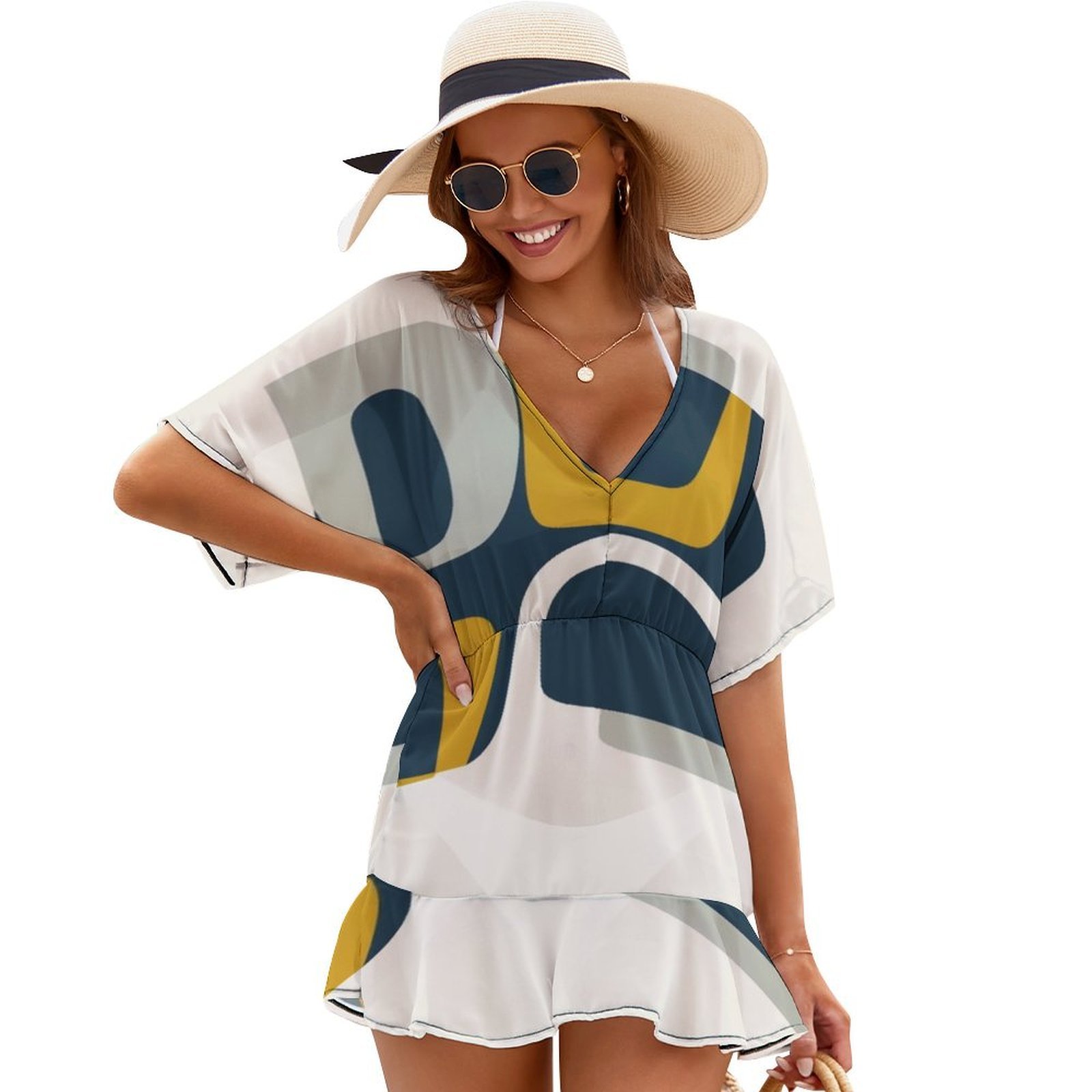 Abstract Navy Gold Shapes Art Beach Cover Ups Women V Neck Short Sleeve ...
