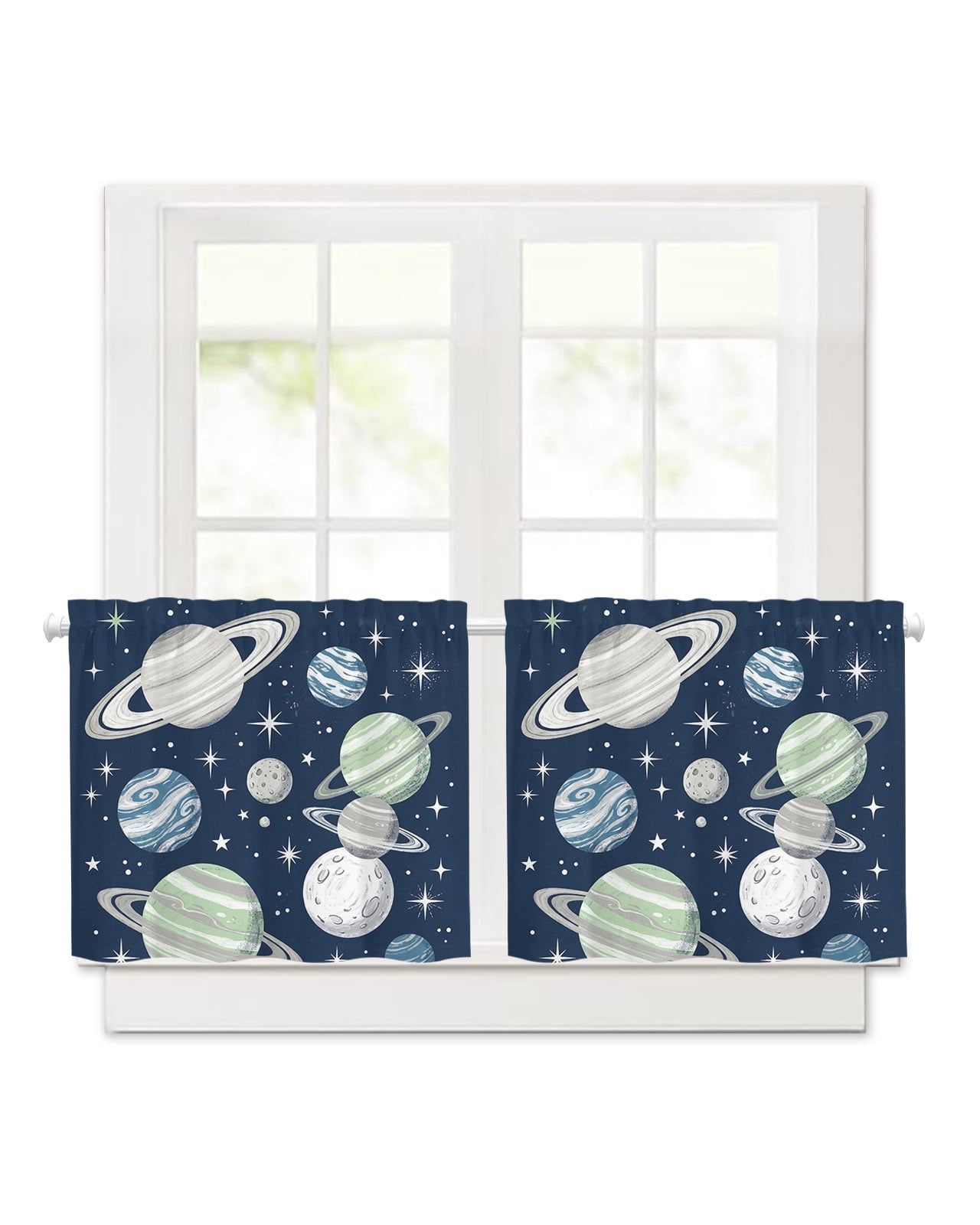 Abstract Navy White Sage Planets Stars Short Blackout Curtains 30 Inch ...