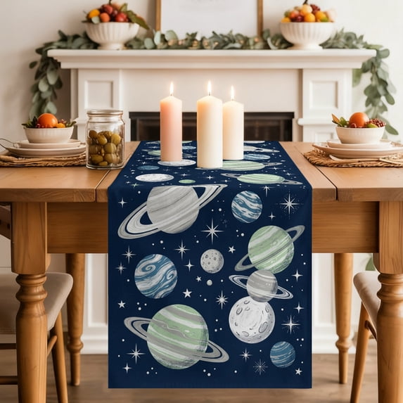 Abstract Navy White Sage Planets Stars Table Runner 13x72in Non-Slip ...