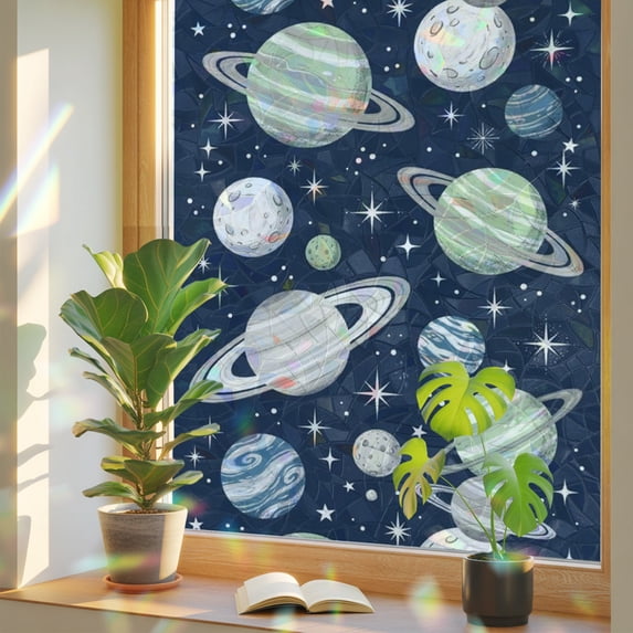 Abstract Navy White Sage Planets Stars Window Privacy Film, Rainbow ...
