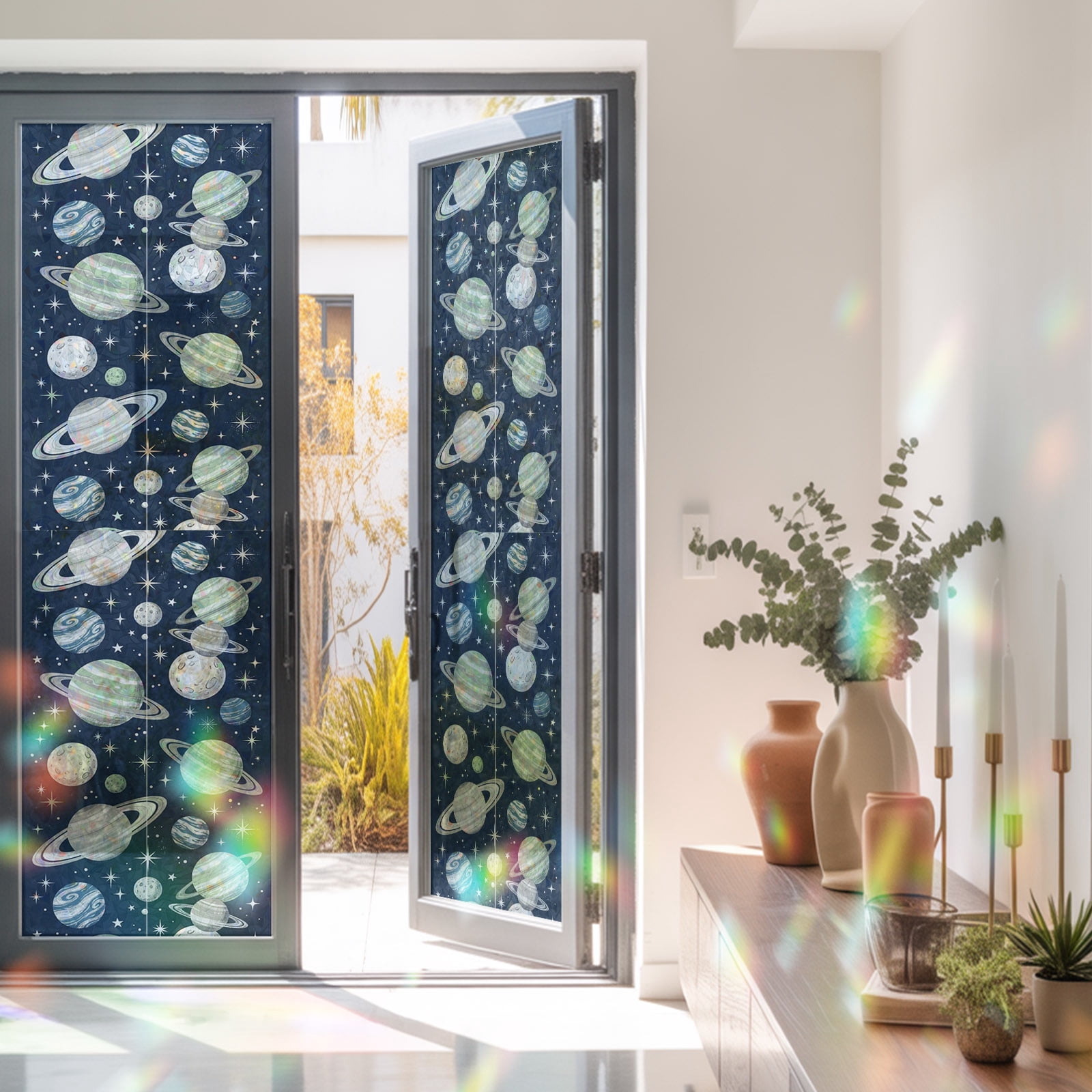 Abstract Navy White Sage Planets Stars Window Privacy Film, Rainbow ...