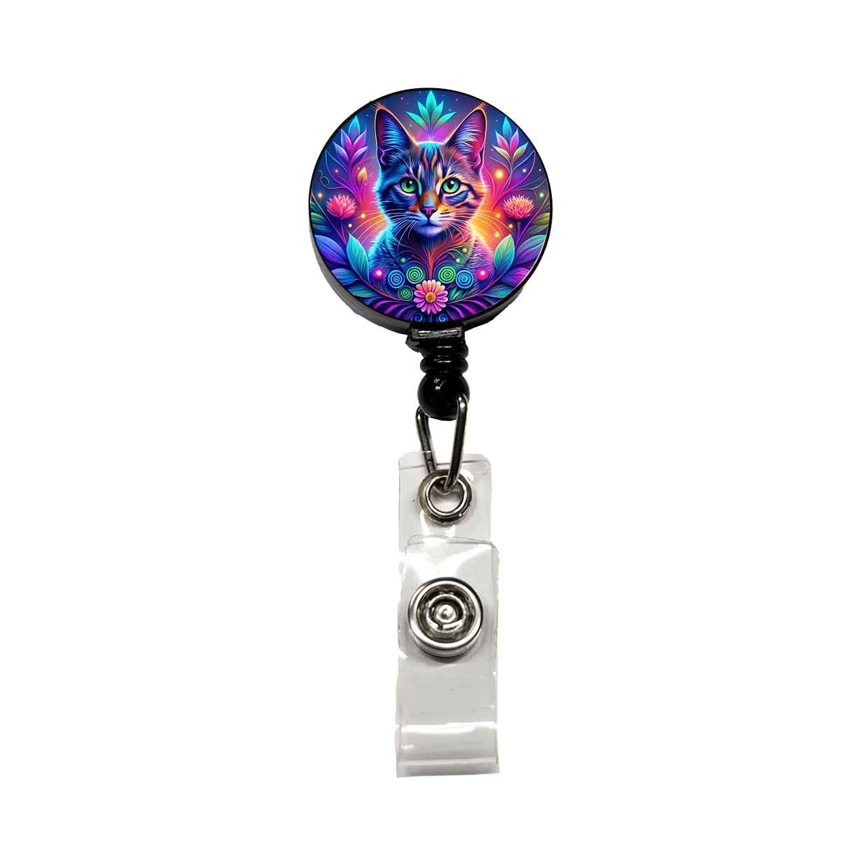 Abstract Neon Cat And Floral Design Retractable Reel ID Badge Key Card ...
