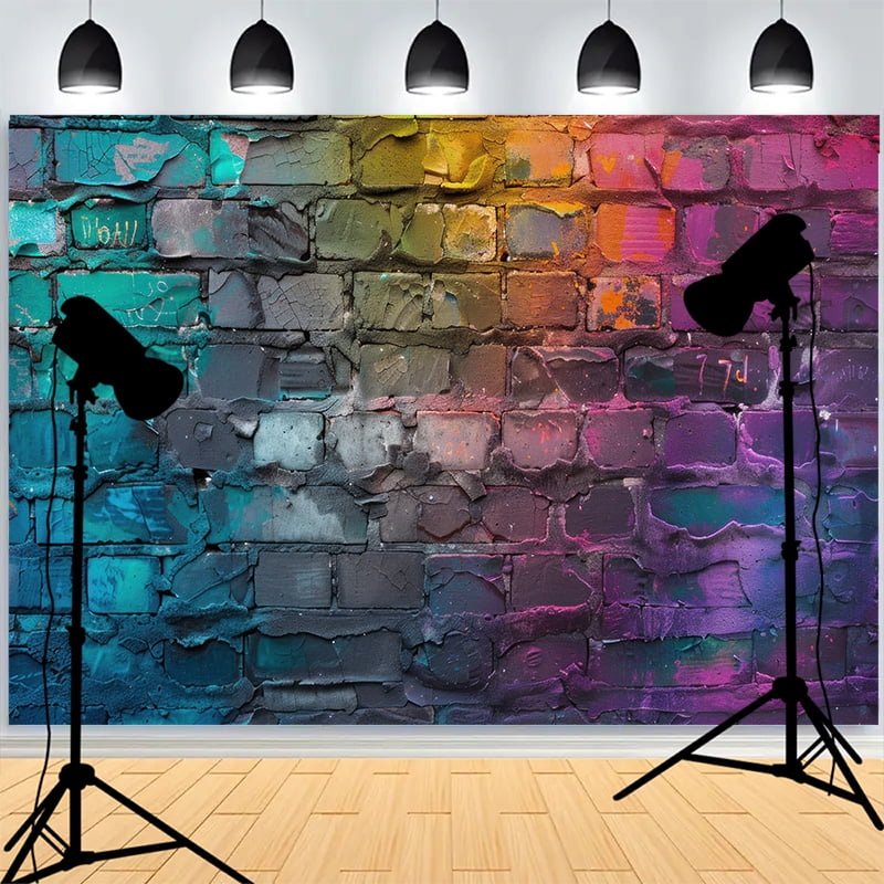 Abstract Neon Painted Brick Wall Background Damaged Rustic Texture ...