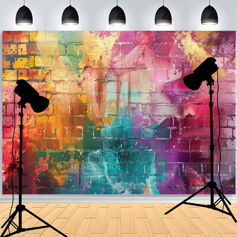 Abstract Neon Painted Brick Wall Background Damaged Rustic Texture ...