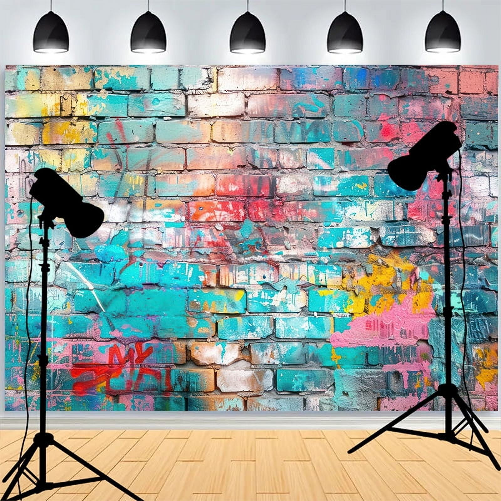 Abstract Neon Painted Brick Wall Background Damaged Rustic Texture Vibrant Graffiti Grunge ...
