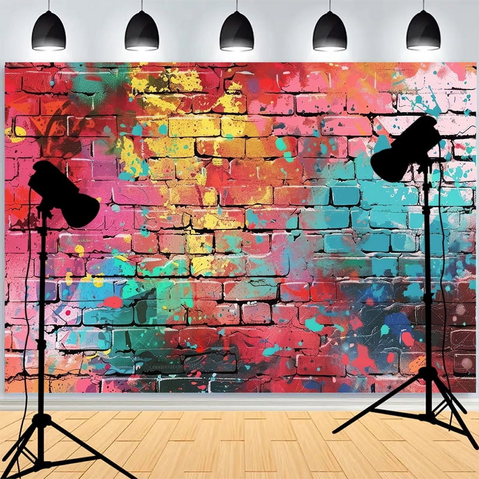 Abstract Neon Painted Brick Wall Background Damaged Rustic Texture ...