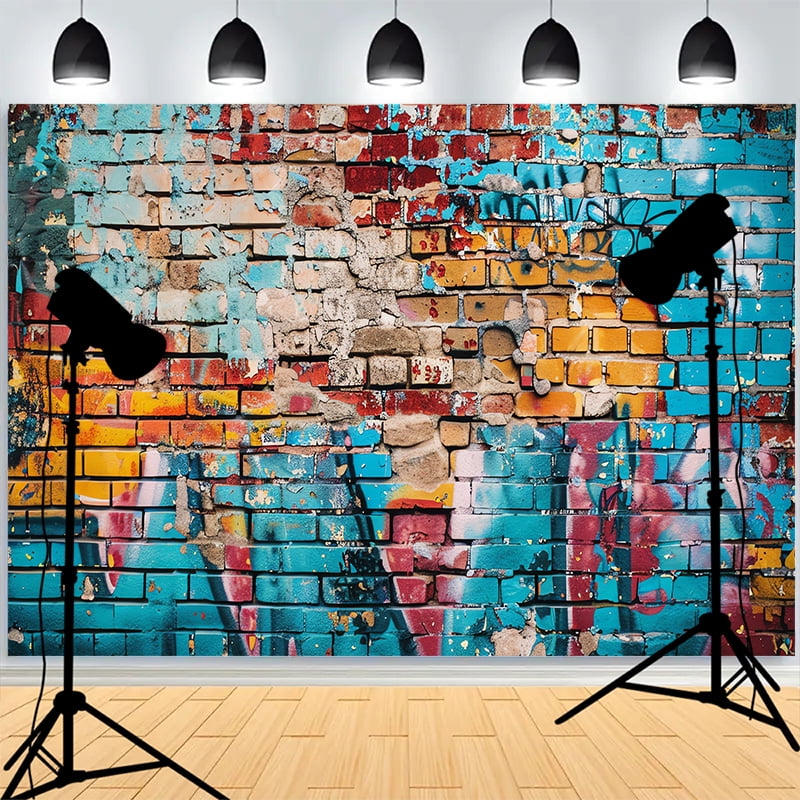 Abstract Neon Painted Brick Wall Background Damaged Rustic Texture Vibrant Graffiti Grunge ...