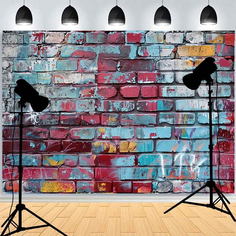 Abstract Neon Painted Brick Wall Background Damaged Rustic Texture ...