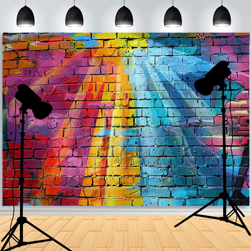 Abstract Neon Painted Brick Wall Background Damaged Rustic Texture ...