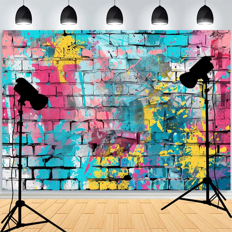 Abstract Neon Painted Brick Wall Background Damaged Rustic Texture ...