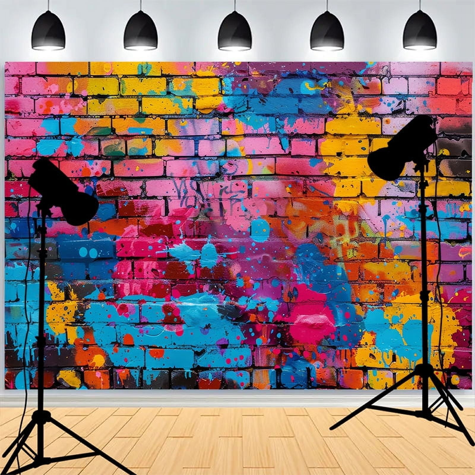 Abstract Neon Painted Brick Wall Background Damaged Rustic Texture ...