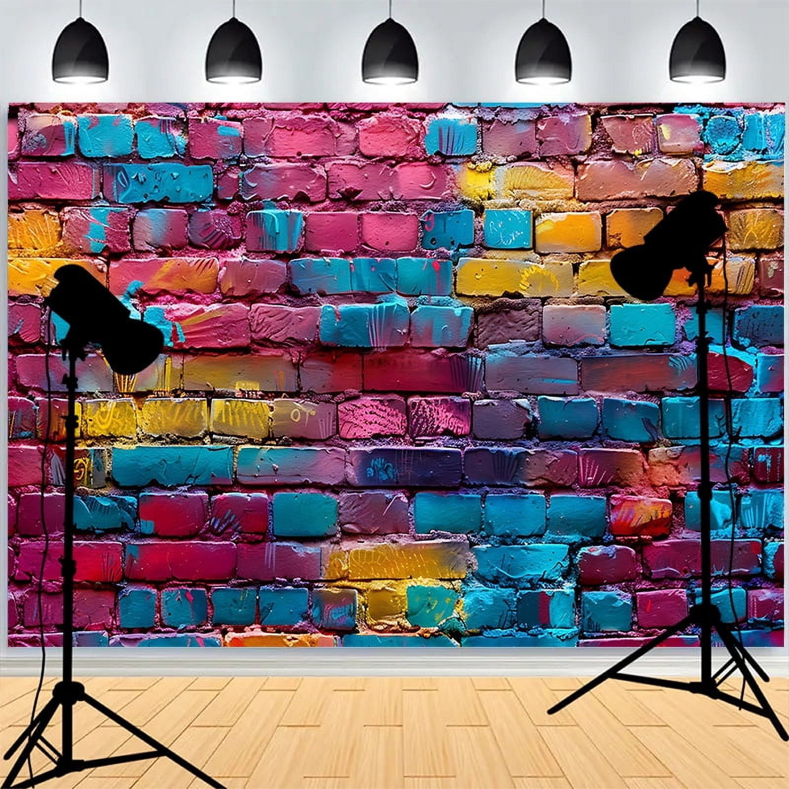 Abstract Neon Painted Brick Wall Background Damaged Rustic Texture ...
