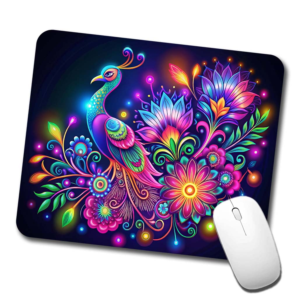 Abstract Neon Peacock Floral Design Mouse Pad Low Profile Gaming Mat ...