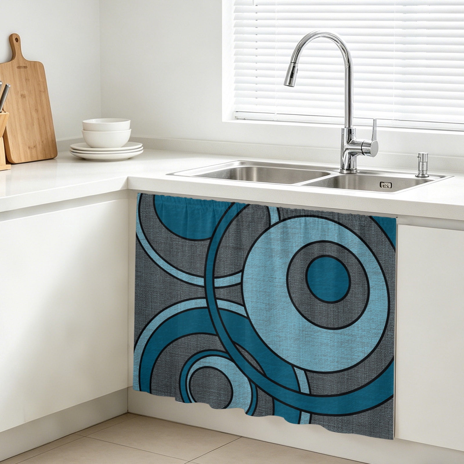 Abstract Nested Rings Cabinet Curtain, Blue White Concentric Circle ...