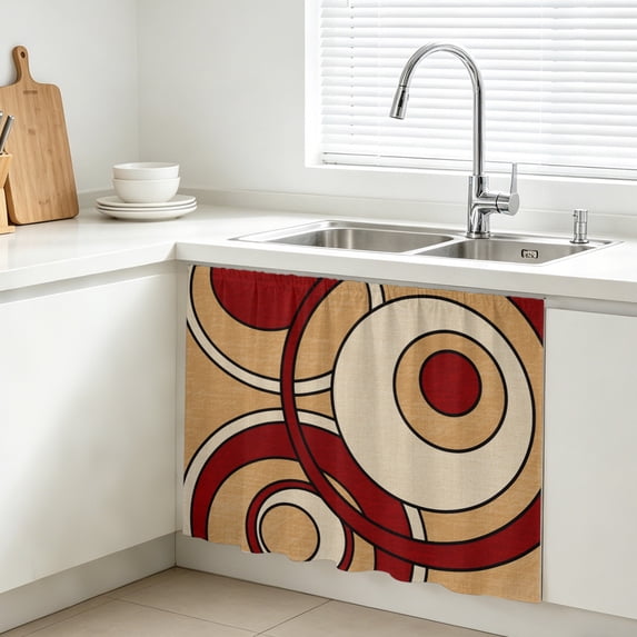 Abstract Nested Rings Cabinet Curtains 28" W x 35" L, Retro Red Cream ...