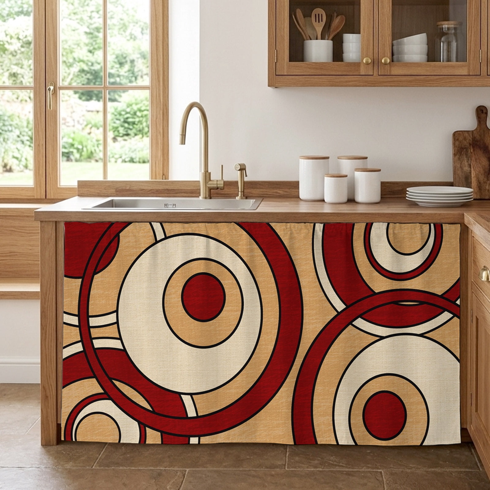 Abstract Nested Rings Cabinet Curtains for Kitchen 28"W x 51"L, Retro ...