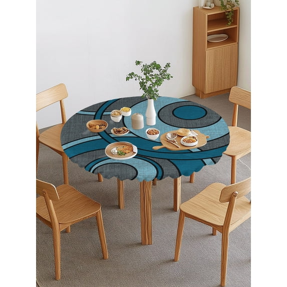 Abstract Nested Rings Round Fitted Tablecloth with Elastic Edge, Blue ...