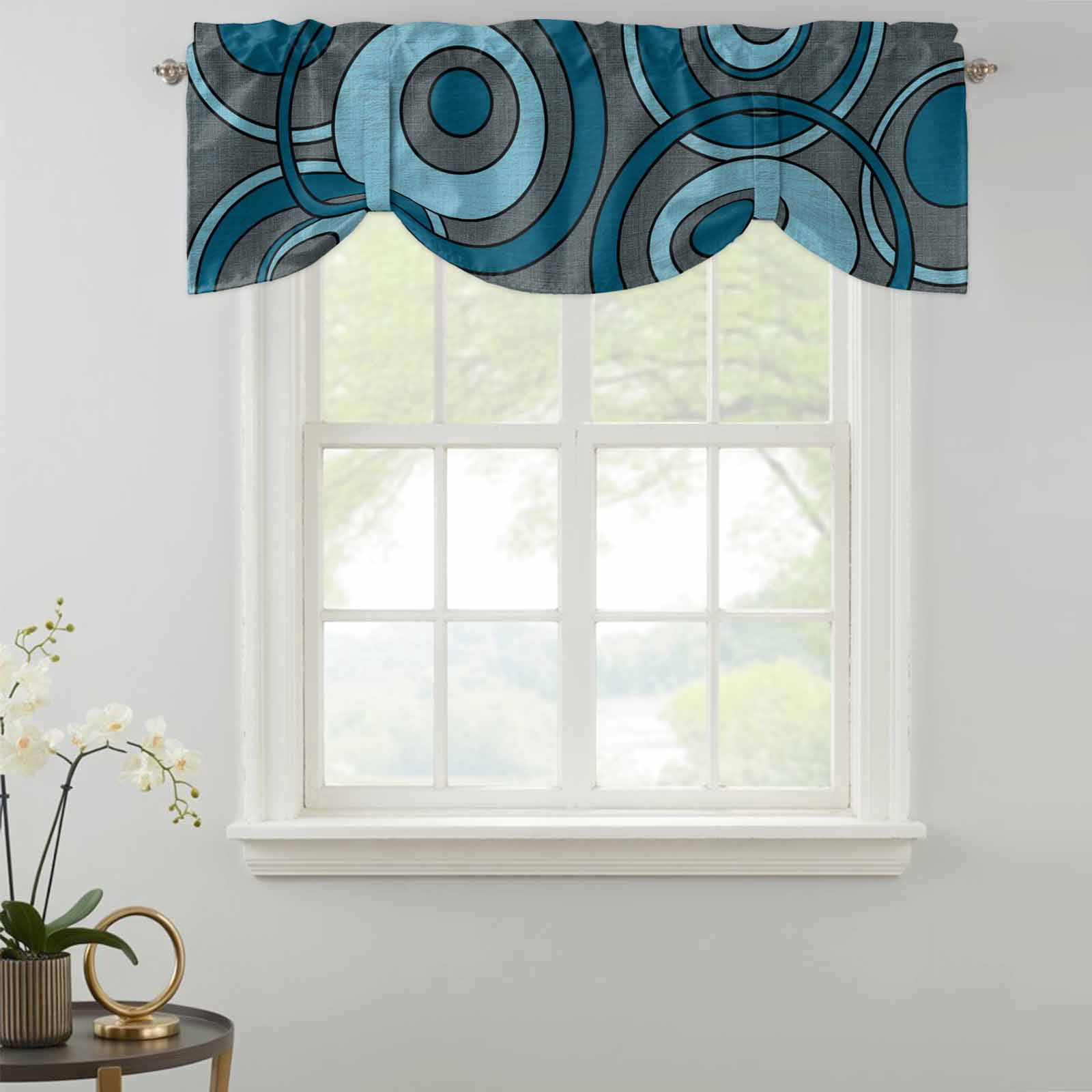 Abstract Nested Rings Tie Up Valances Curtain, Blue White Concentric ...