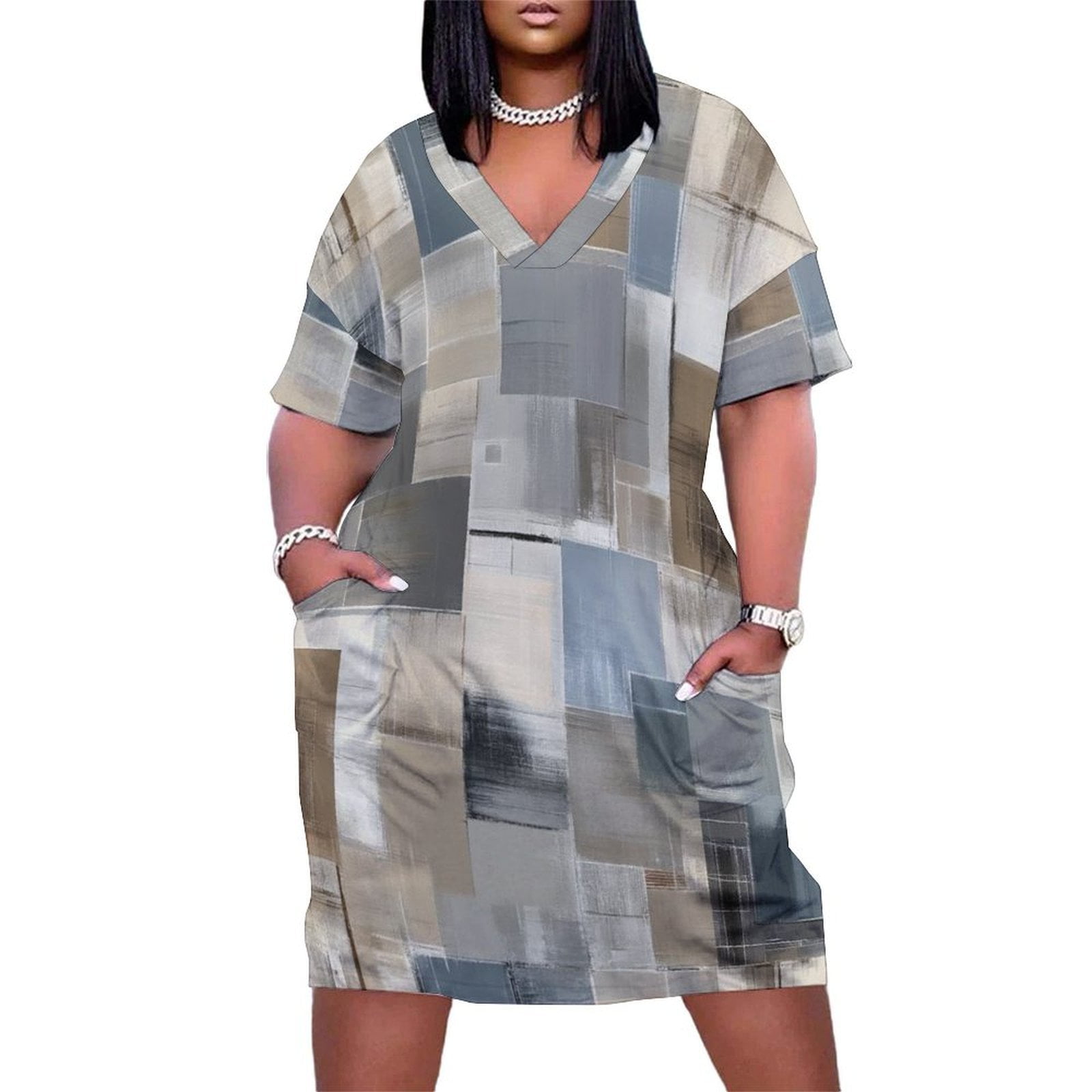 Abstract Neutral Color Blocks Loose Pocket Dress Dresses Summer Summer ...
