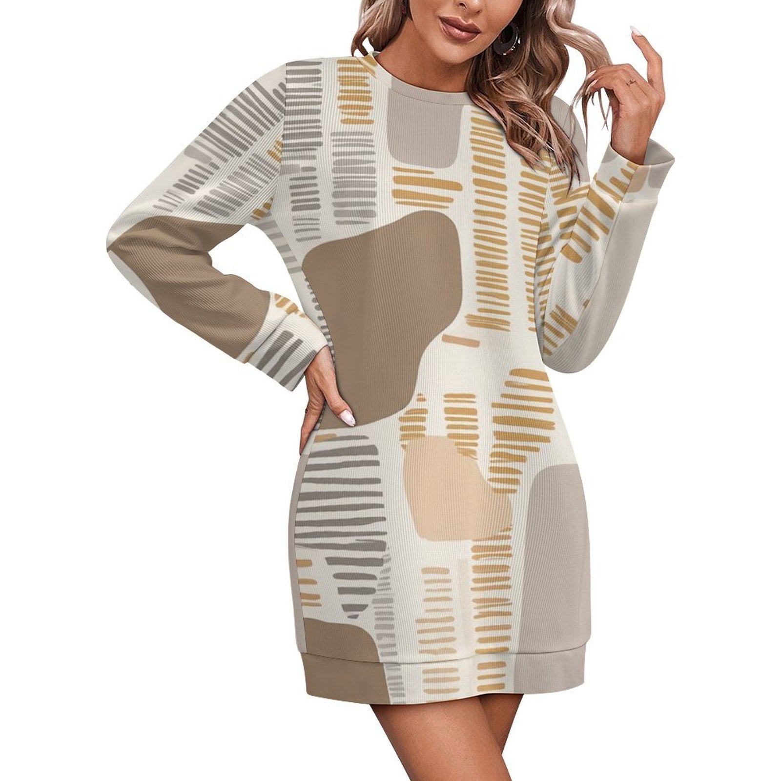 Abstract Neutral Shapes Pattern Women Elegant Long Sleeve Warm Dress ...