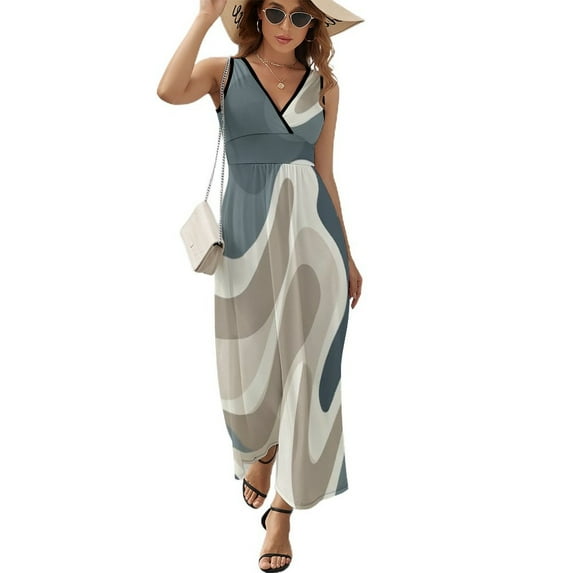Abstract Neutral Wavy Design Dress Summer Street Style Bohemia Long ...