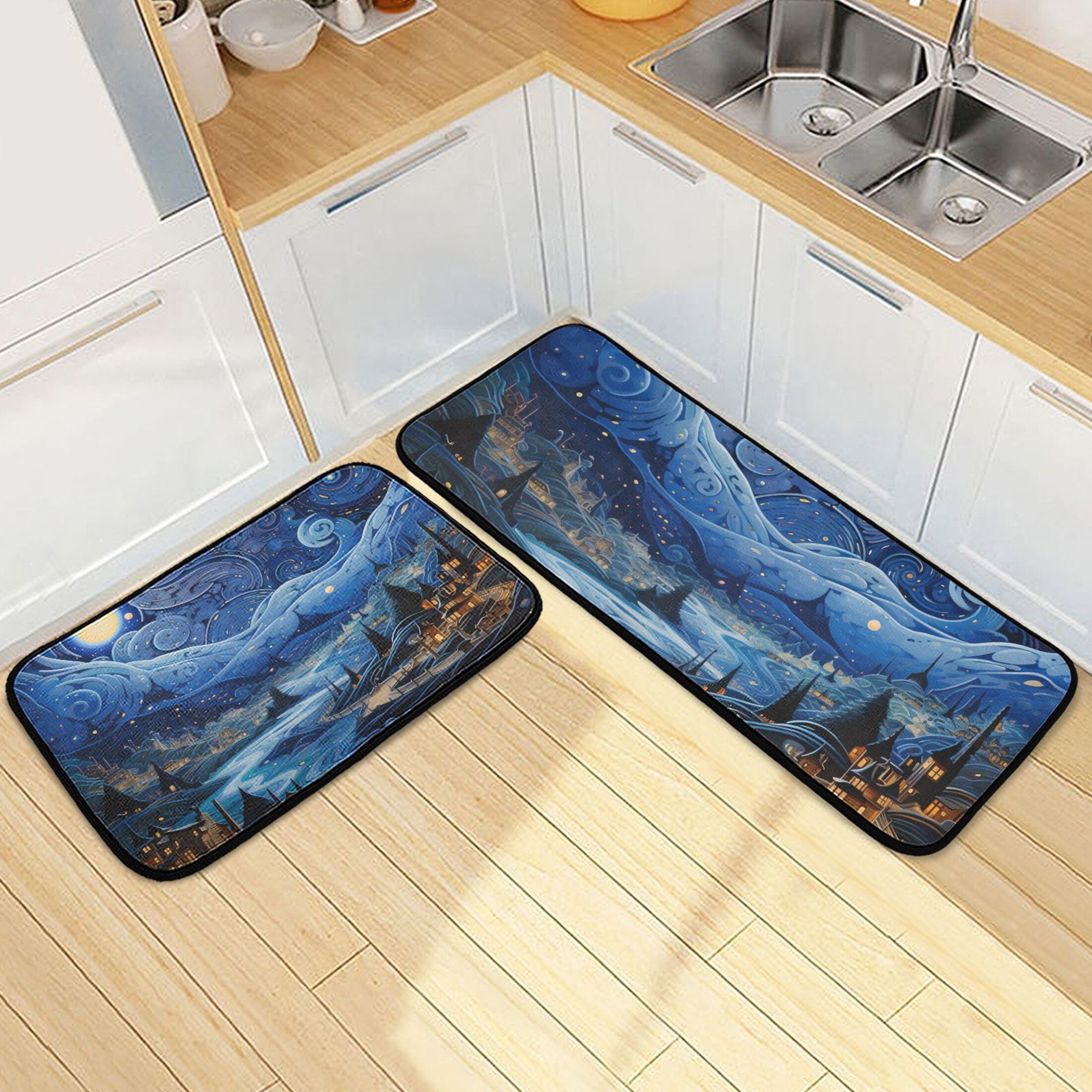 Abstract Night with Moon Kitchen Rugs Set of 2 Non Slip Floor Foam Mat ...